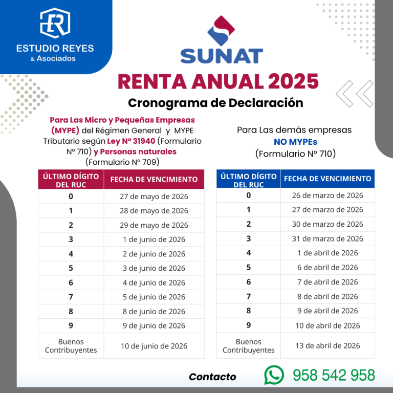CRONOGRAMA DE DECLACION DE RENTAS EJERCICIO 2025 – SUNAT – ESTUDIO ...